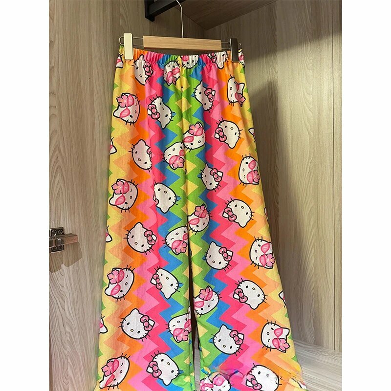MINISO Новые милые и красочные пижамные штаны Sanrio Hello Kitty для девочек, идеально подходящие для осенне-зимних рождественских вечеринок, стильные повседневные штаны для детей и взрослых, Детский размер: 160