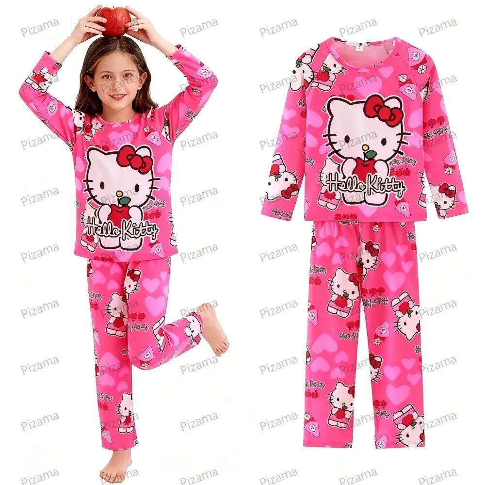 MINISO Комплект детской пижамы Sanrio для девочек, мягкая пижама с длинными рукавами Hello Kitty, детская пижама Cinnamon Dog, домашняя одежда Kuromi для малышей, Детский размер: 12 (115-125 см)