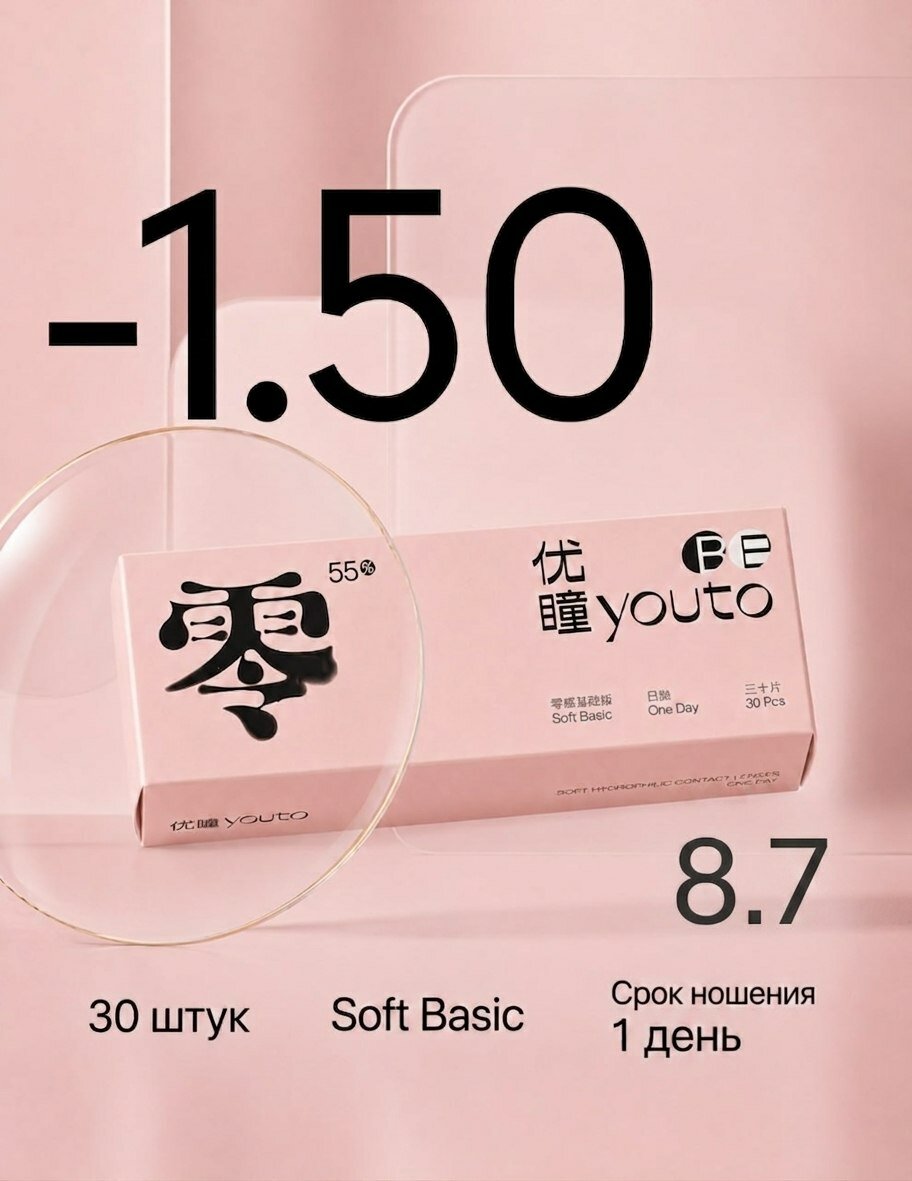 Линзы контактные однодневные YOUTO,30 штук,-1.5, гидрогелевые