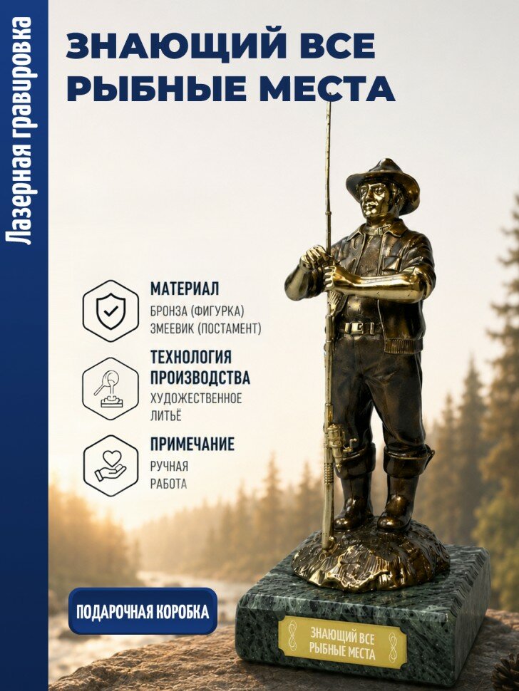 Статуэтка Рыбак со спиннингом "Знающий все рыбные места" (бронза, змеевик)