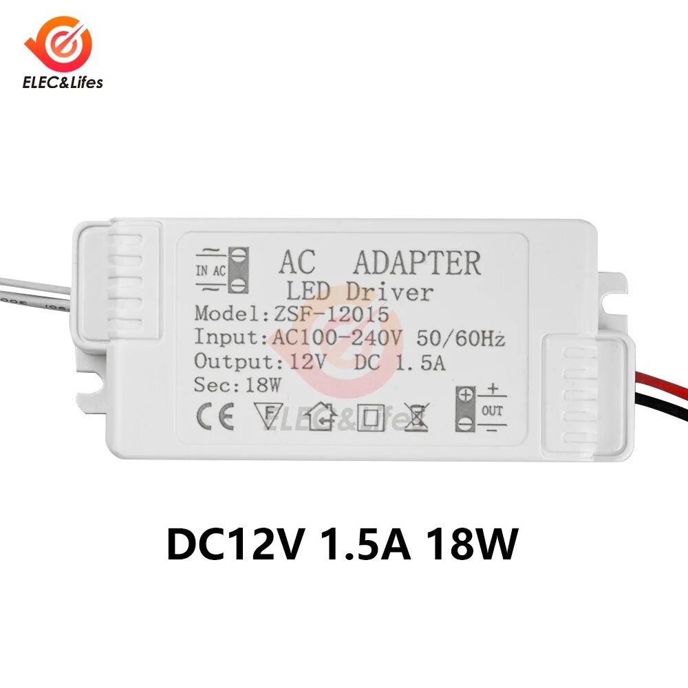 Трансформатор освещения Ligghig 6W 0.5A AC 100-240V to DC 12V DC 12V 18W 1.5A