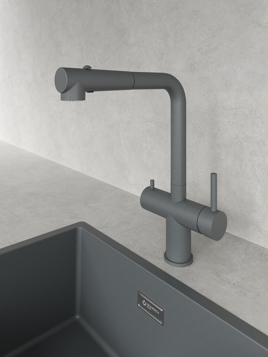 Смеситель для кухни Grandex Aqua Integra-SP Concret (серый) с гибким изливом с фильтром смеситель для раковины
