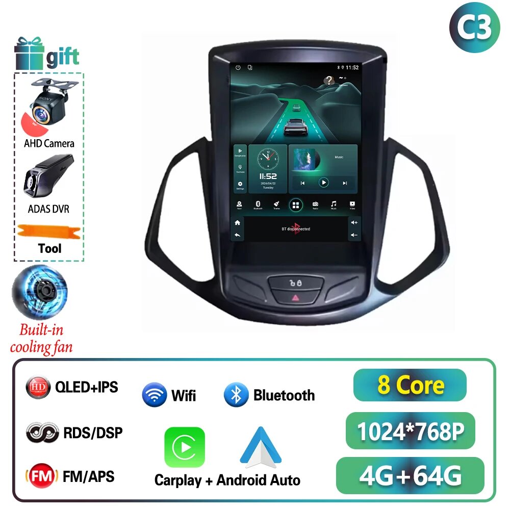 9,7-дюймовый Android 16 для Ford EcoSport 2013-2017, автомобильная мультимедийная система с видеоплеером, навигацией GPS, Wi-Fi, беспроводным CarPlay, 8-ядерный процессор