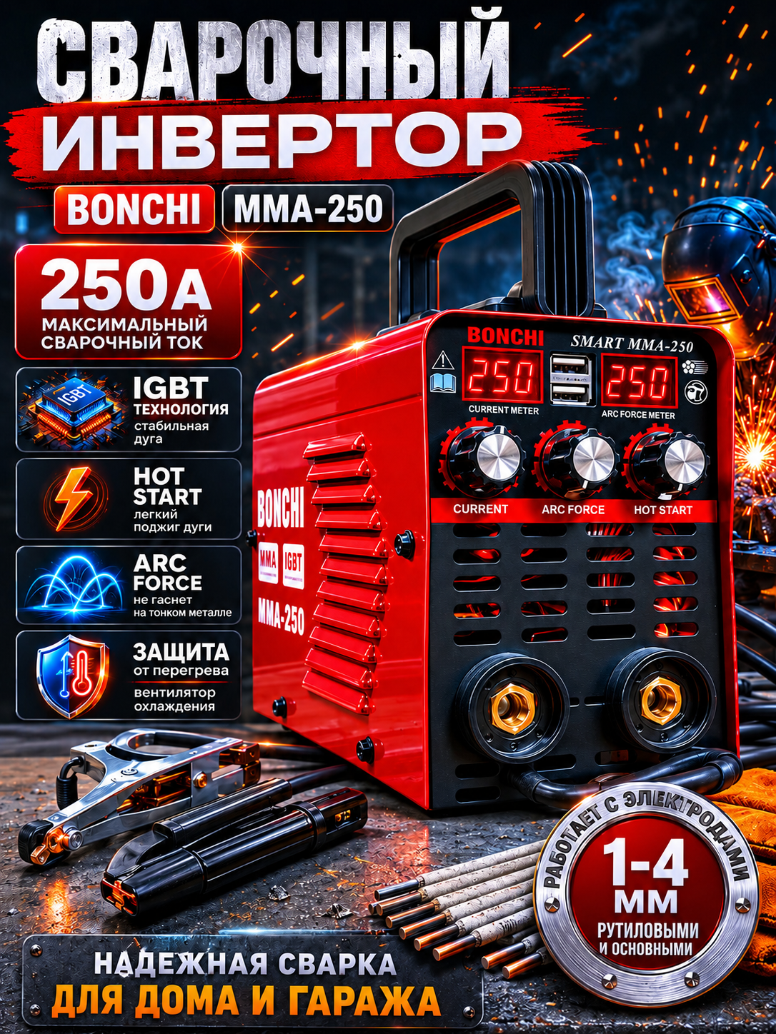 Сварочный аппарат BONCHI MMA-250, MMA, 7.5 кВт, диаметр электродов 1-4 мм