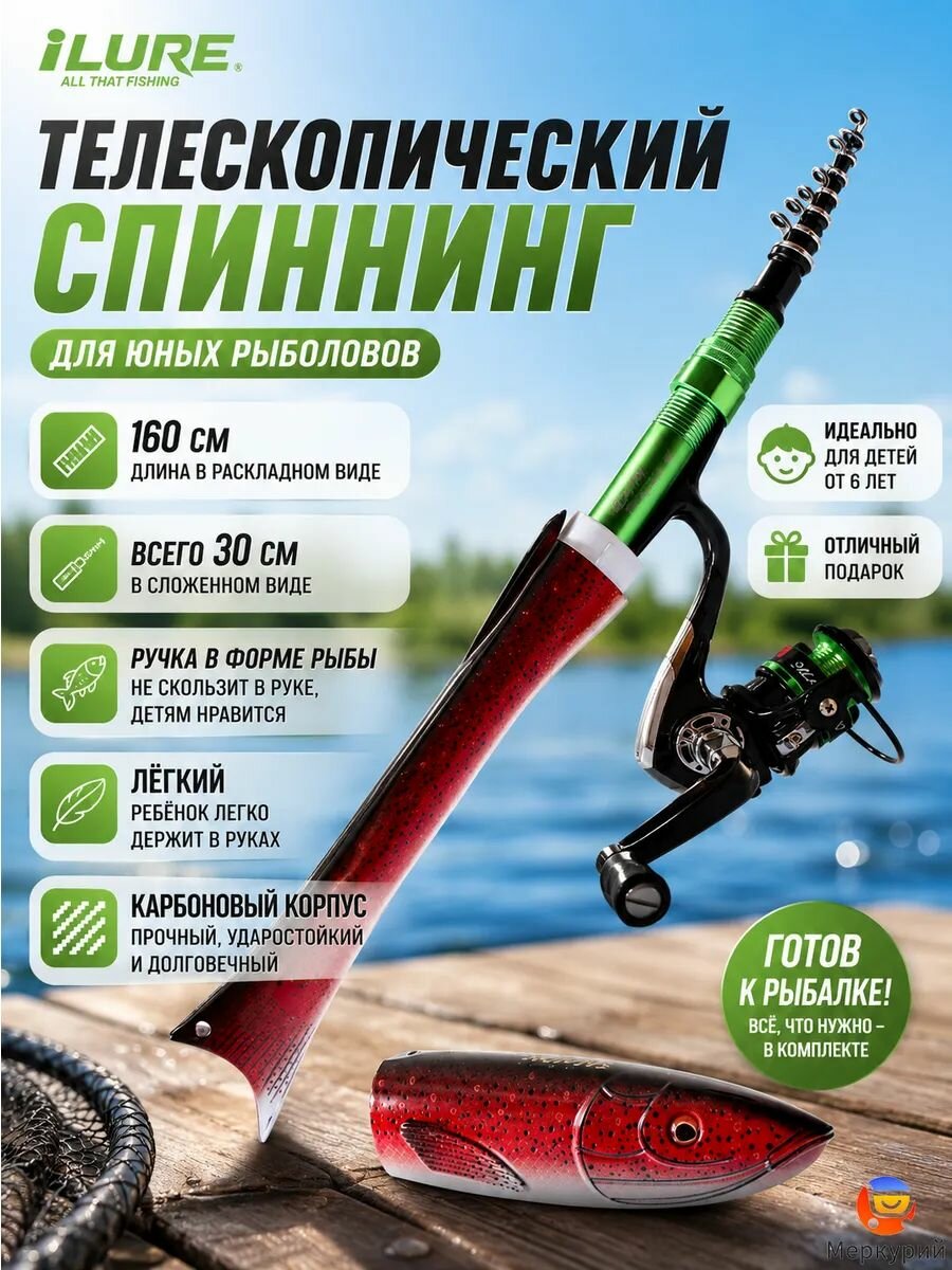 Мини-спиннинг в форме рыбы, телескопический для ловли на блесну, катушка металлическая, ручка левая/1.6 м