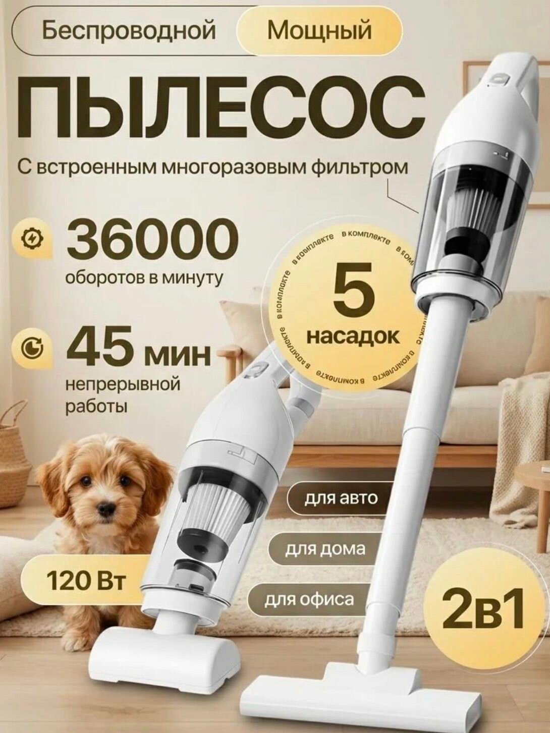 Пылесос вертикальный беспроводной 2 в 1 для дома и авто / Многофункциональный мощный пылесос для уборки