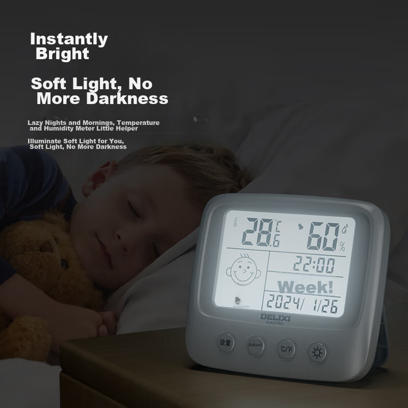 DELIXI Home Indoor Thermometer with Smiley Face, Baby Room Alarm Clock, Timer, Digital Display Thermometer And Hygrometer