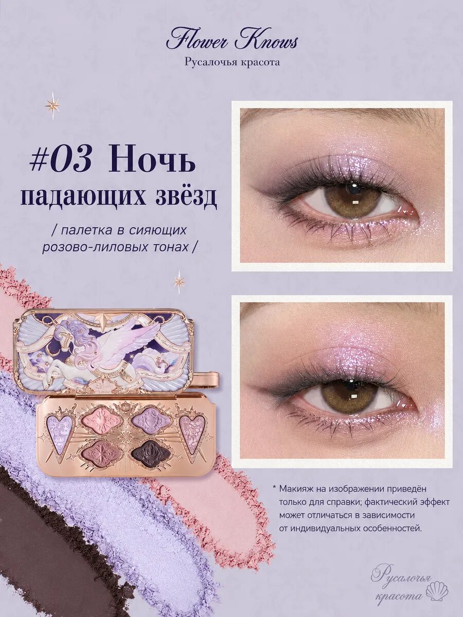 Flower Knows Knight Unicorn шестицветная атласная палетка теней для век