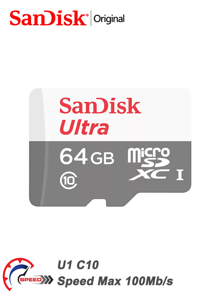 SanDisk 64 ГБ Карта памяти microSD, microSDXC Ultra (SDSQUNR-064G), Class 10, UHS-I, чтение - 100 Мбайт/сек, Карта памяти Sandisk Ultra Micro SD TF 64 ГБ U1 C10 (SDSQUNR-064G)*1
