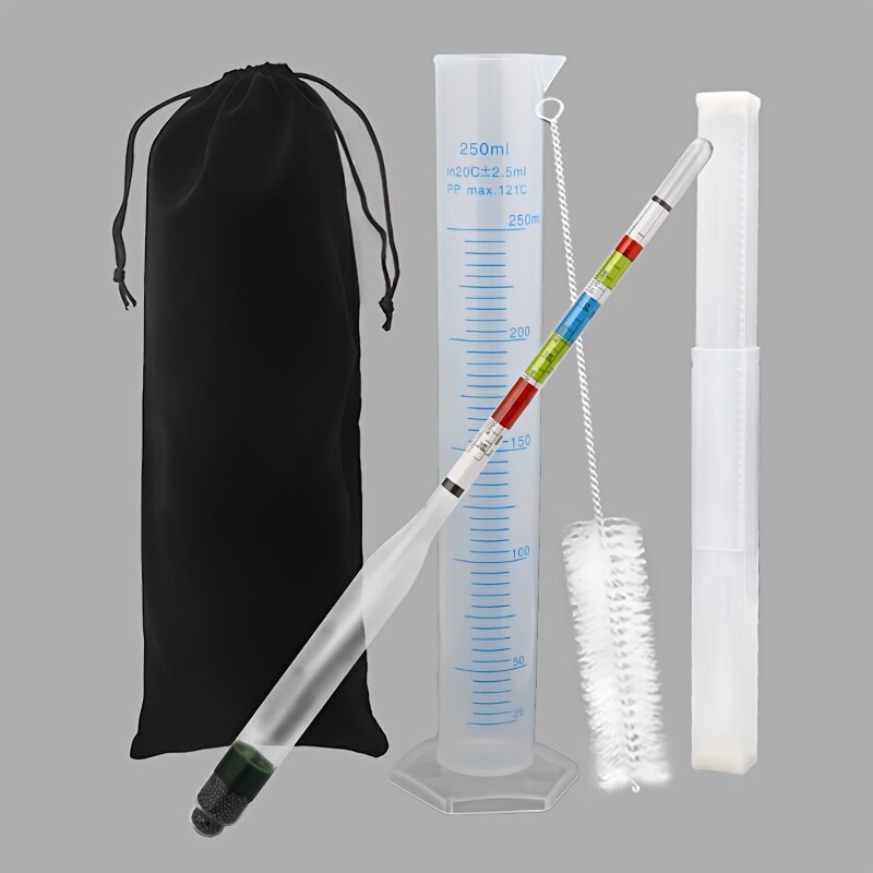 Набор ареометров (3 шт.) с цилиндром 8.45 унц, щеткой, салфеткой и сумкой, стекло, для вина, пива, медовухи и алкоголя