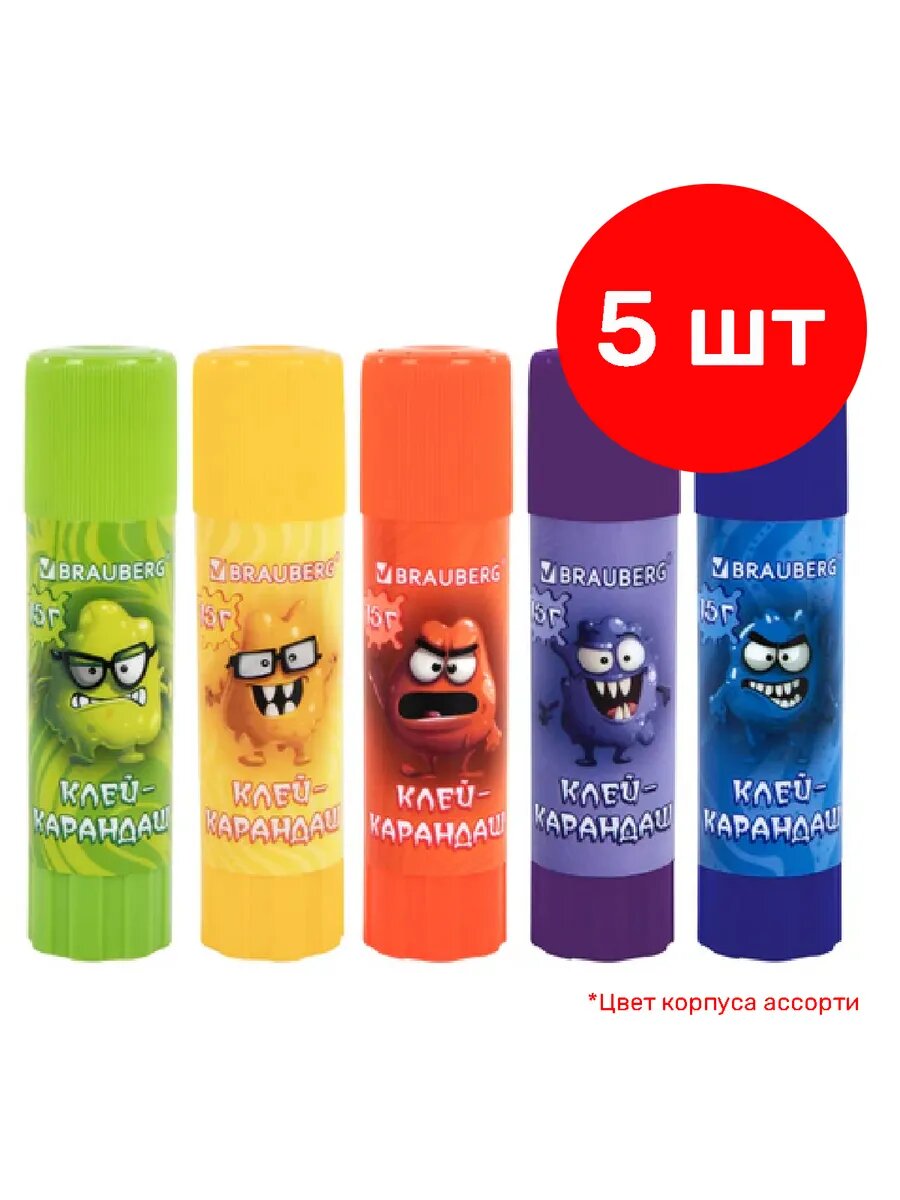 Клей-карандаш Brauberg Монстрики, PVP основа, не пачкает, 5 шт, 15 гр