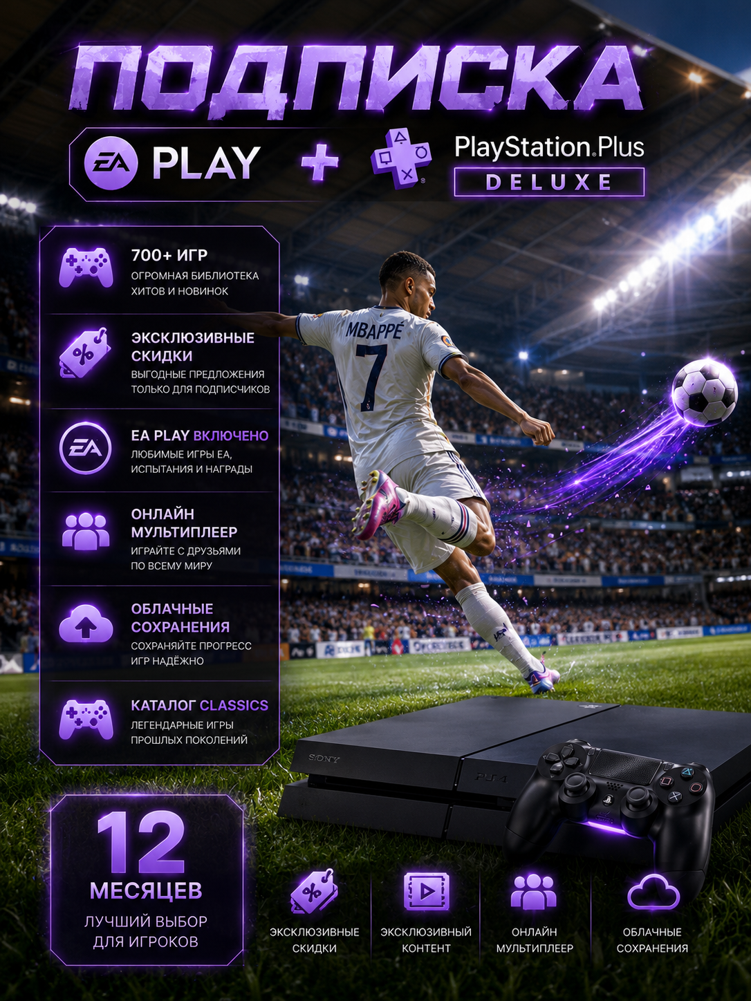 Подписка PS Plus Deluxe + EA Play 12 месяцев для PS 4 12 месяцев + аккаунт в подарок