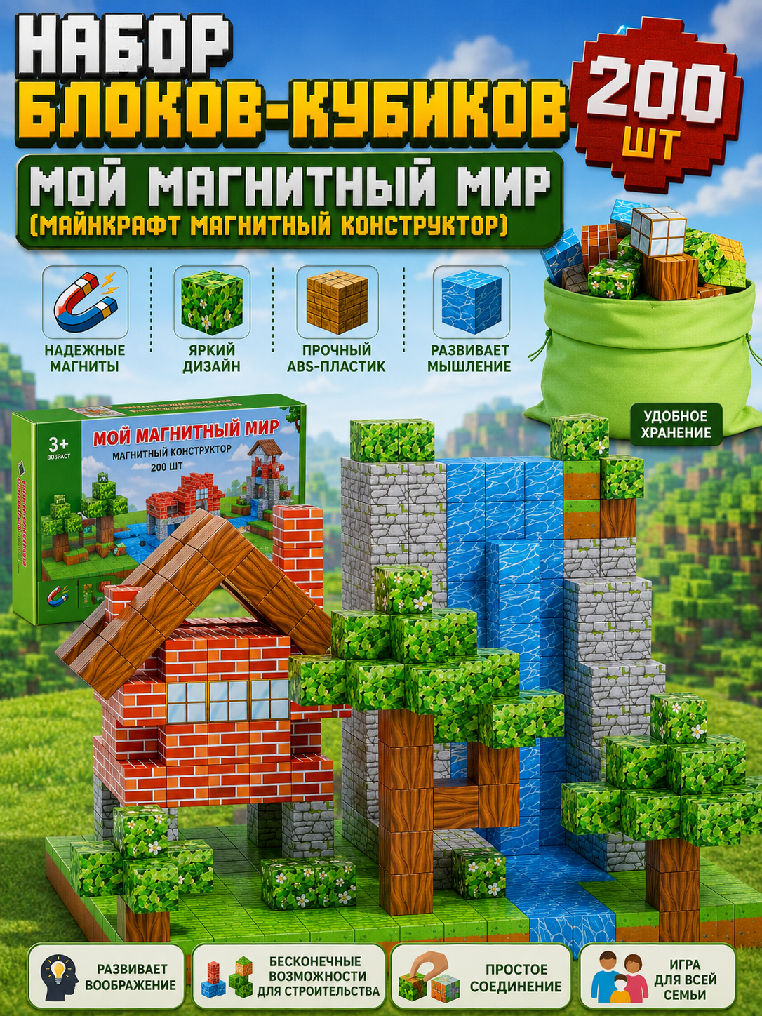 (200 шт) Набор блоков-кубиков Мой магнитный мир (майнкрафт магнитный конструктор)