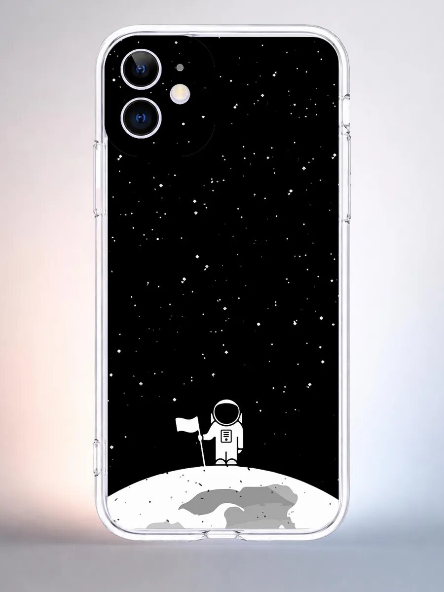 Чехол iPhone 11 космонавт с флагом силиконовый прозрачный