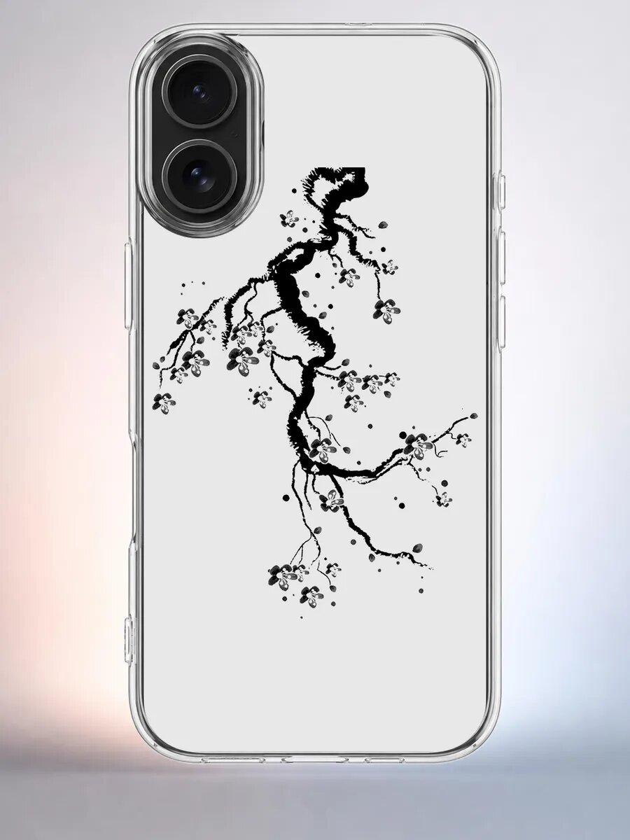 Чехол iPhone 16 ветка сакуры силиконовый прозрачный