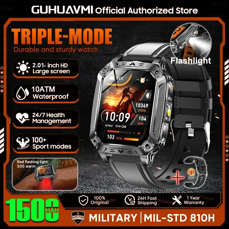 Военные смарт-часы GUHUAVMI, 1500 мАч, Black Leather