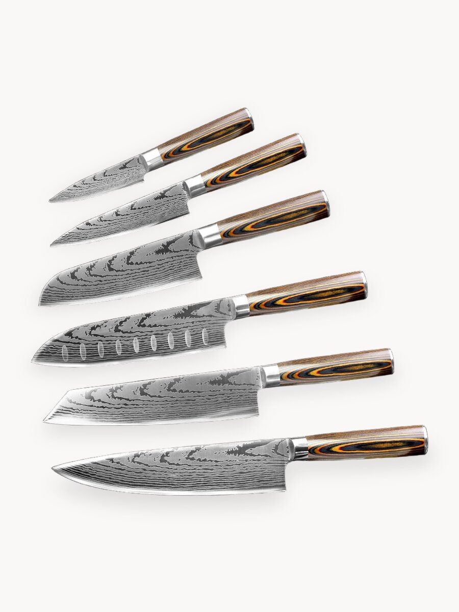 Кухонный набор 6 предметов, узор из дамасской стали, материал 7CR17. Подарок на новоселье, юбилей или день рождения