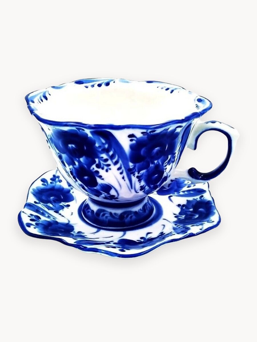 Гжель фарфоровая Чайная пара Морской Бриз, чайная пара фарфоровая 220мл, подарочный набор кружка и блюдце из Гжели, чашка и блюдце набор сувенирный подарочный Гжельский фарфоровый завод, фарфоровая посуда Гжель, Гжель посуда фарфор