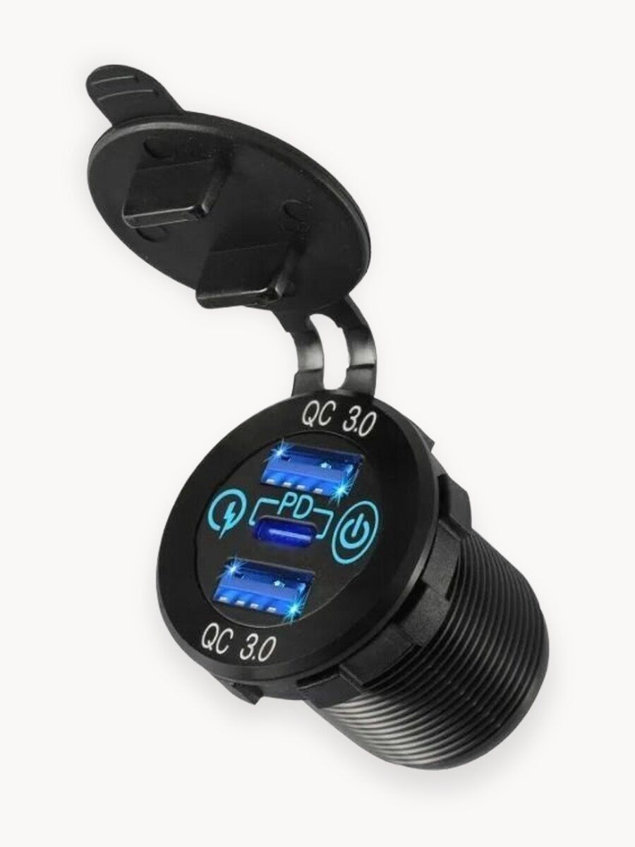 Разъём USB в авто врезной/ Розетка USB в прикуриватель с вольтметром RECXON UFC-05, синяя подсветка