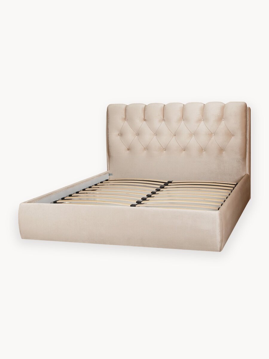 Двуспальная кровать 160х200 с подъемным механизмом Империя, с ящиками и мягким изголовьем, бархат бежевый, Ами Мебель