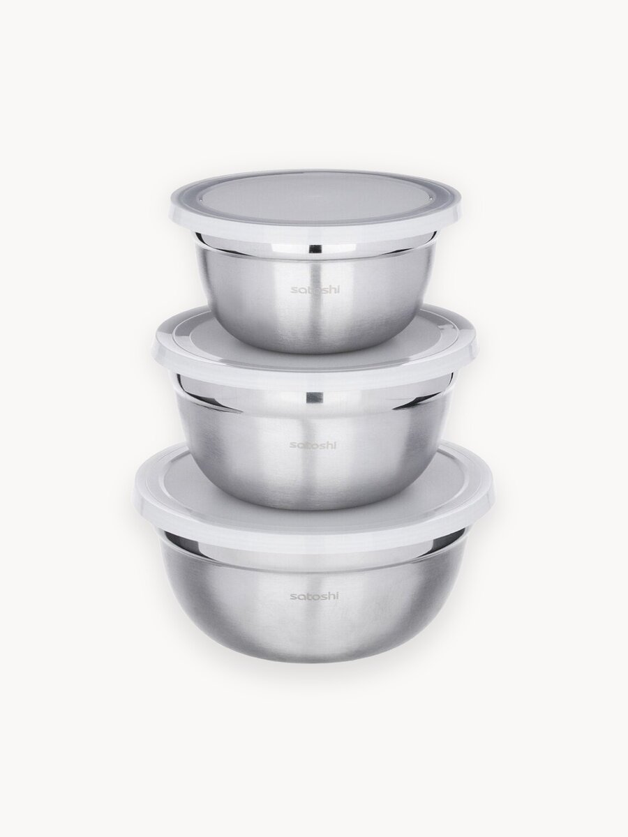 Салатник сталь, круглый, 3 шт, 14,16,18 см, с крышкой, Satoshi, 812-080