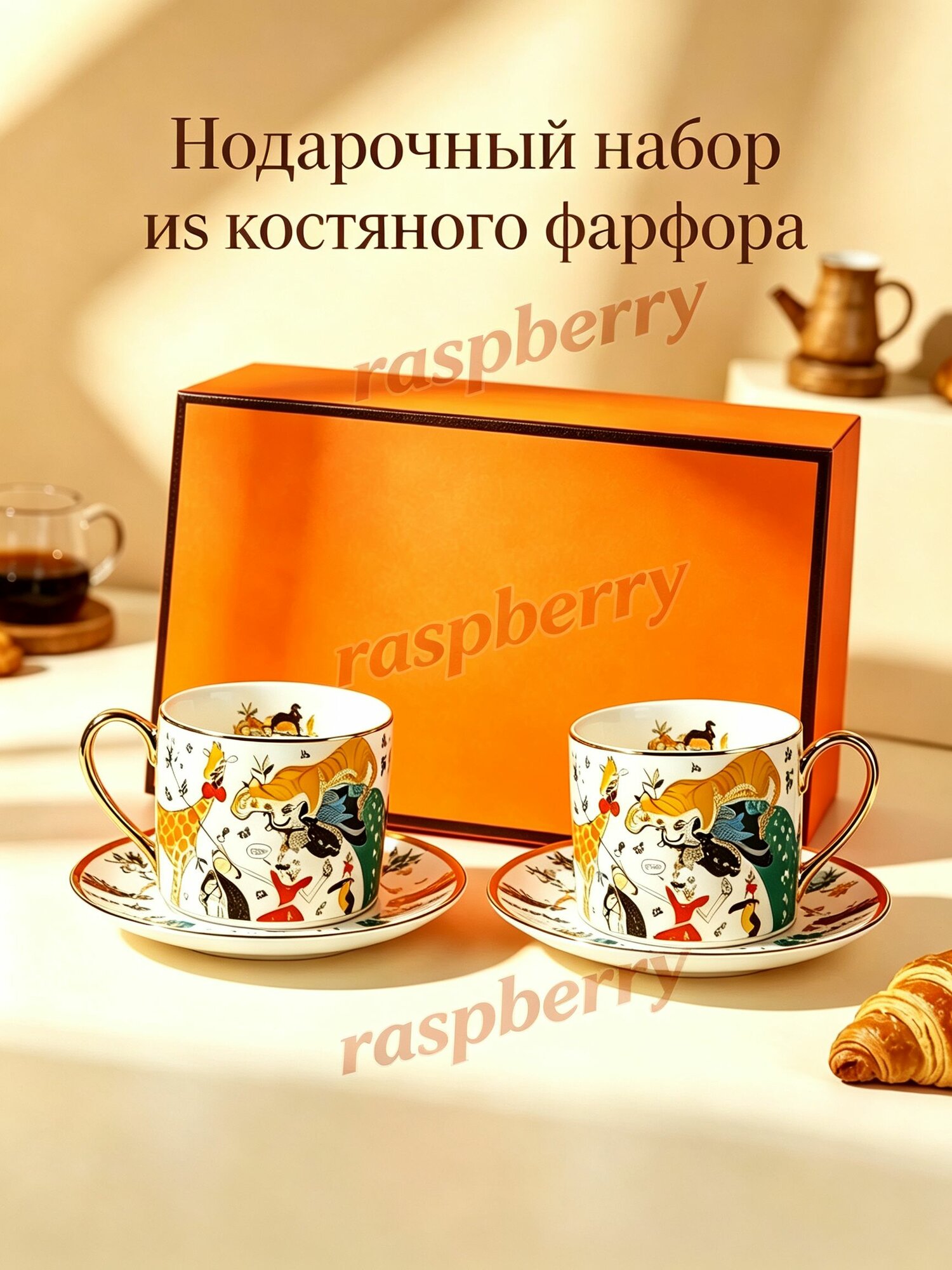 Подарочный набор из костяного фарфора, 2 кружки с блюдцами, художественный принт, подарочная коробка, для кофе и чая.