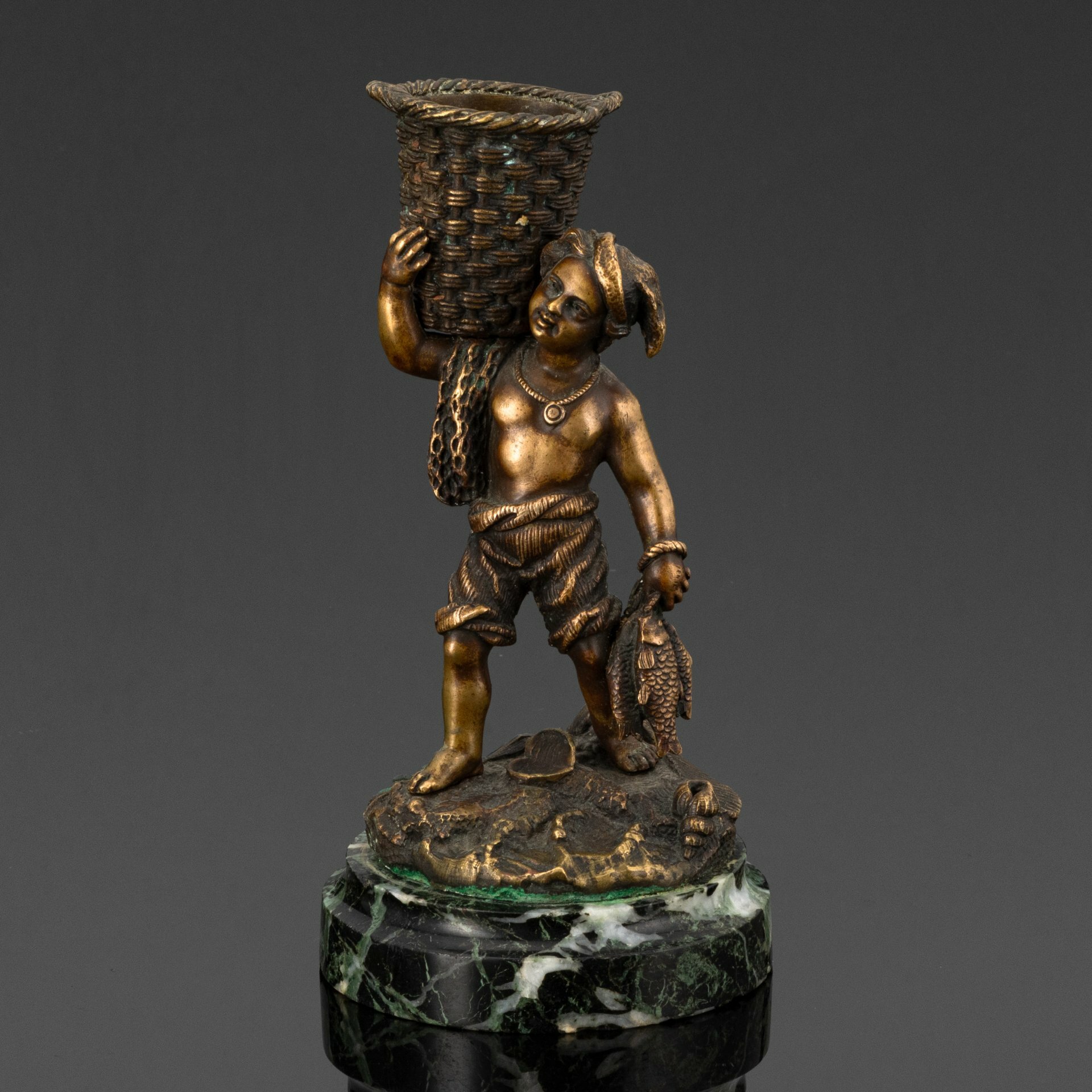 Спичечница кабинетная "Юный рыбак", бронза, литье, камень, Западная Европа