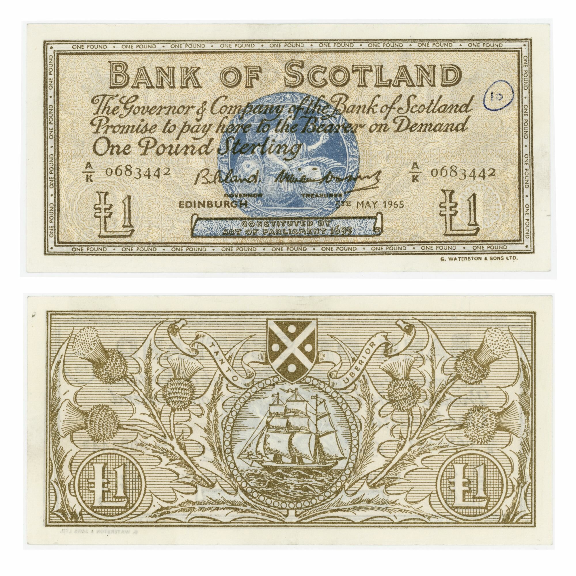 Банкнота Шотландия 1 фунт ONE POUND 1965 год Very Fine (VF) Pick 102