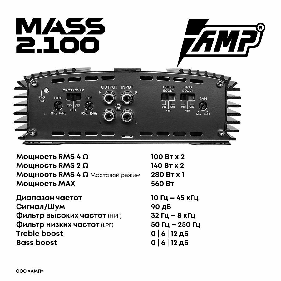 Усилитель AMP MASS 2.100, 2 канала, мостовой режим, 140Вт (4Ом) с проводами для установки