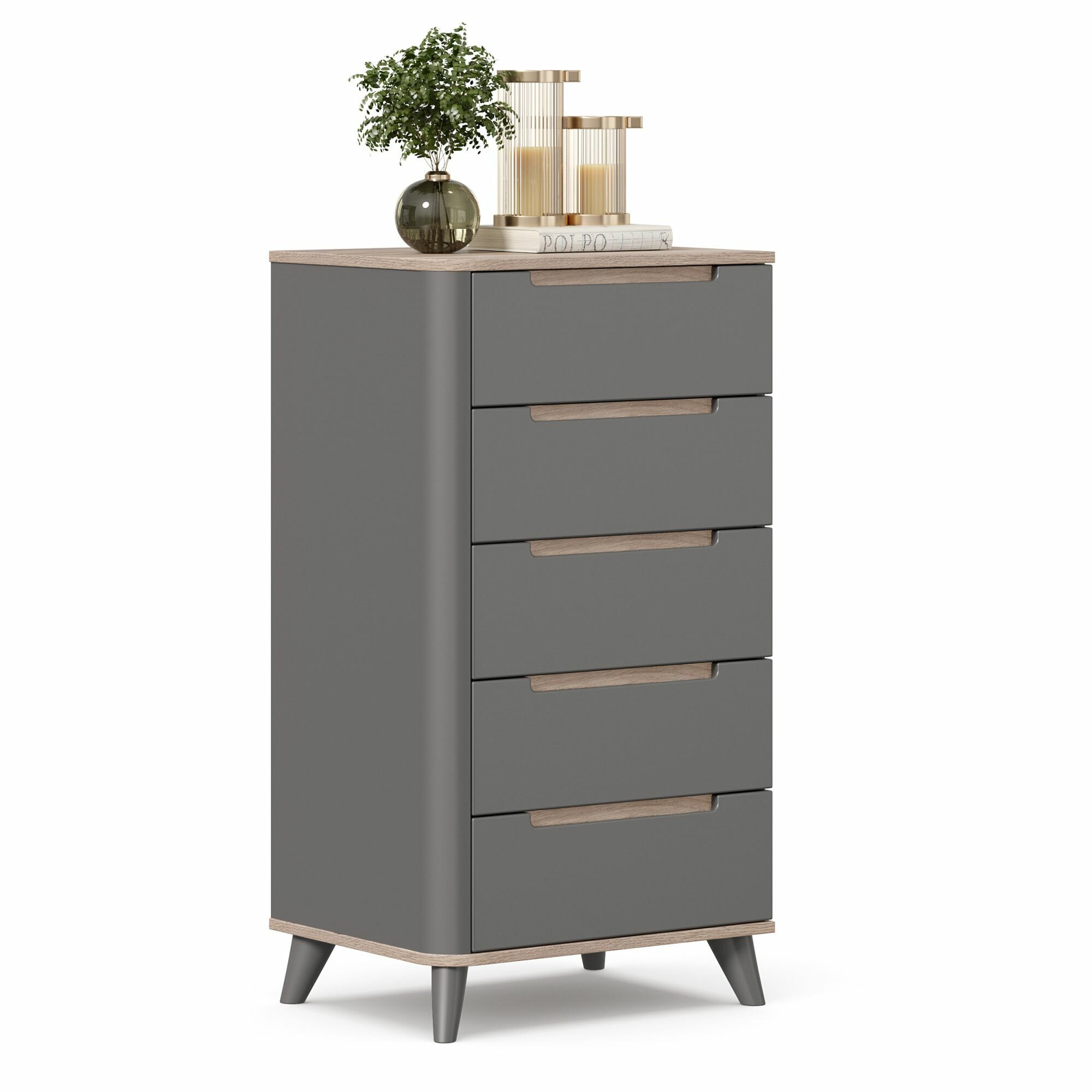 Комод для одежды деревянный Стефания с 5 ящиками, 55.6х42.6х104 см, Дуб маувелла/Оникс серый