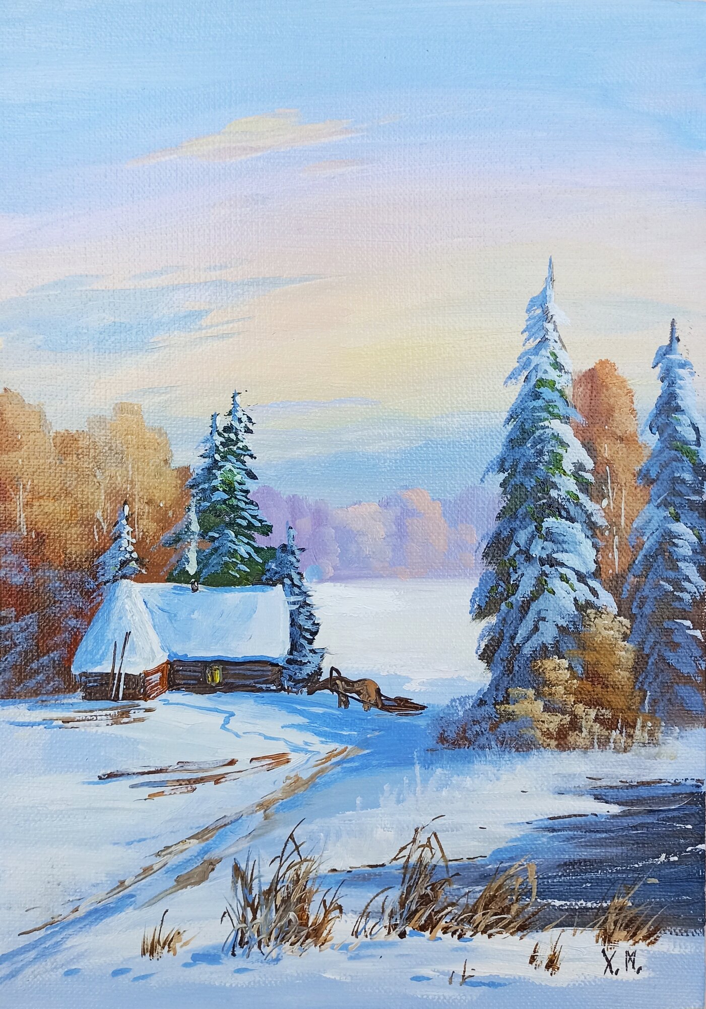 Картина масло/холст. 100% ручная работа, 100% живопись от Художественной мастерской Грëзы. Картина из серии "Деревенские пейзажи". Зима. Домики. Сугробы. Речка. Повозка. Размер картины 20х30 см.