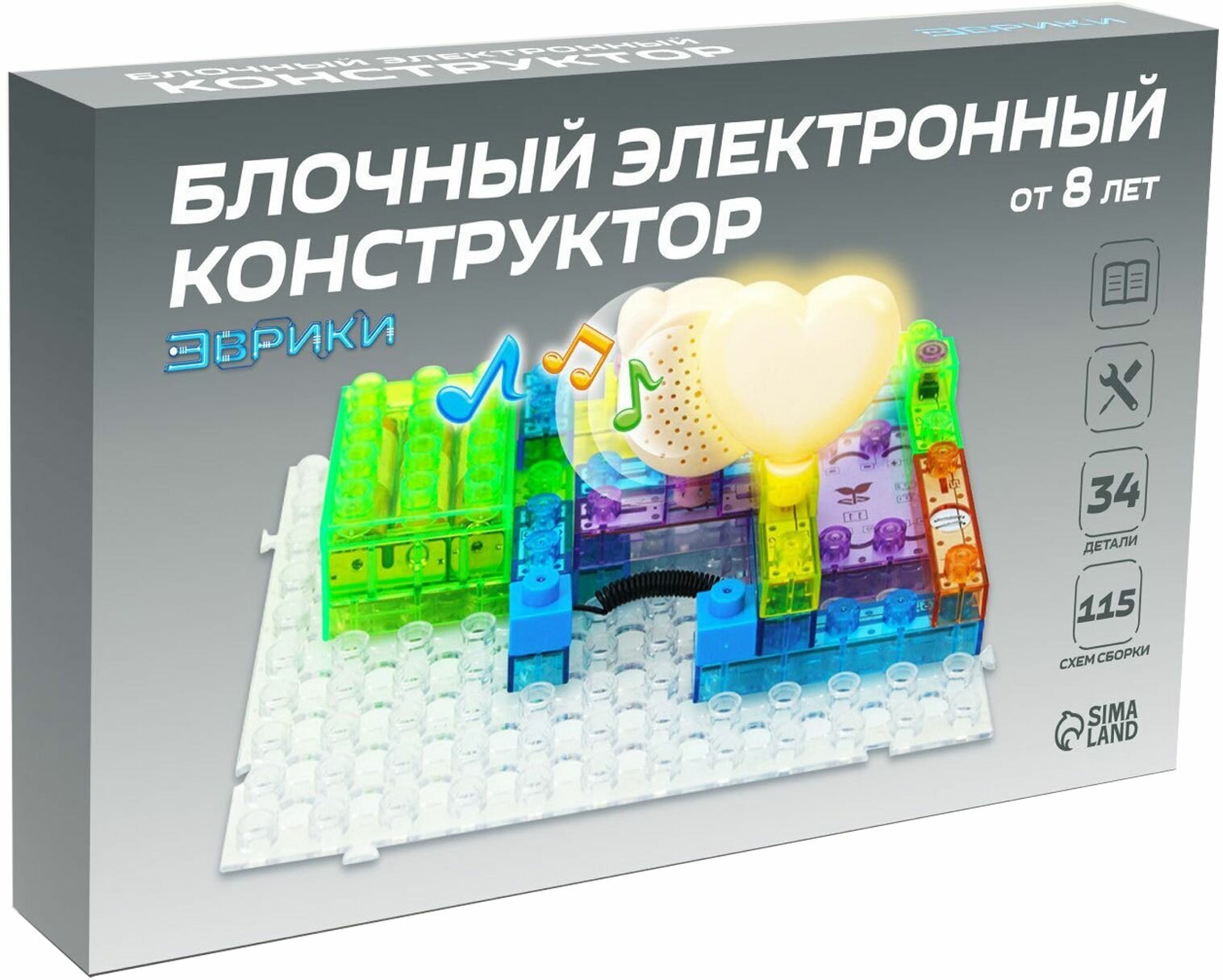 Конструктор блочный-электронный "В мире электроники" для детей, набор детский со схемами сборки, работает от батареек, юный инженер, собери сам, 115 схем + 34 детали