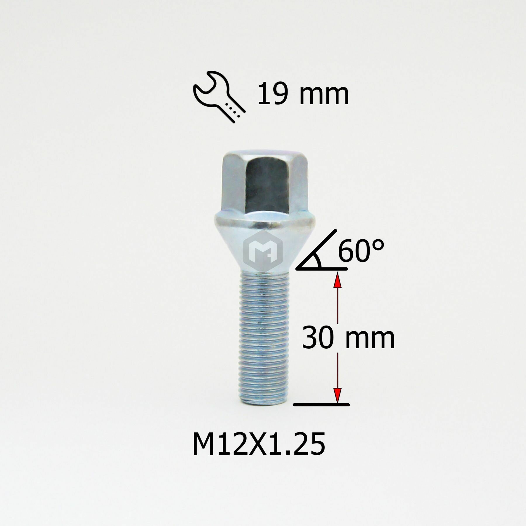 Болт колесный M12х1,25 длина резьбовой части 30мм, конус, ключ 17мм, цинк