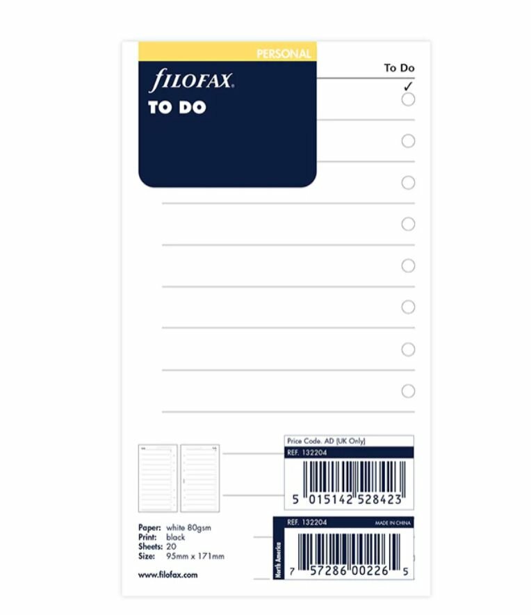 Блок листов FILOFAX To Do Refill Personal А6, 20 листов