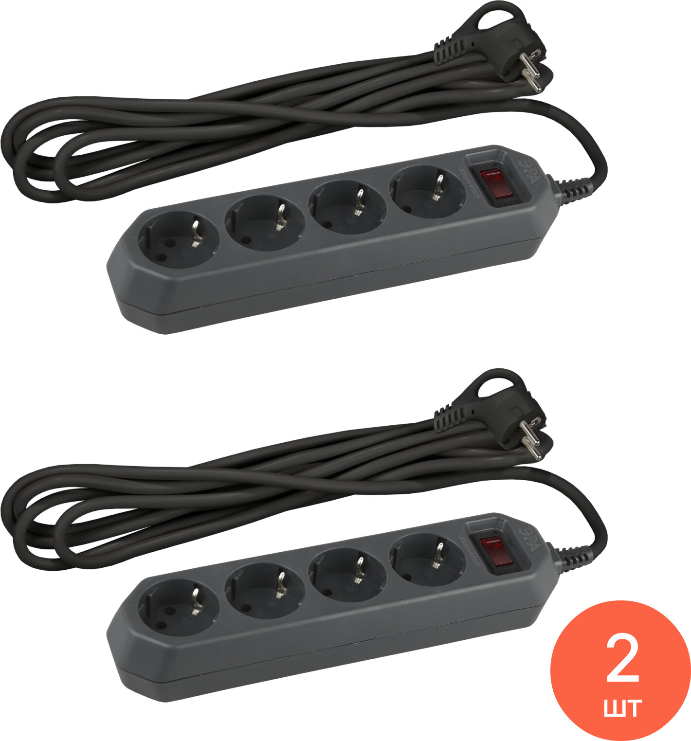 Удлинитель бытовой ЭРА USF-M-4es-1.5m-B с заземлением и выключателем 3x0.75мм², 1.5 метра, 4 розетки черный Б0019740 / сетевой фильтр (комплект из 2 шт)