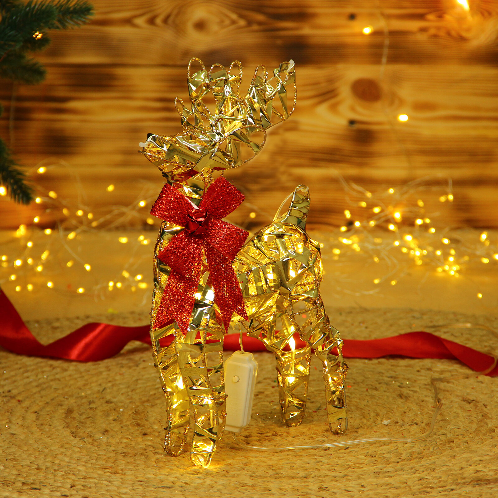 Олень новогодний светящийся каркасный, 18х8х30 см, золото