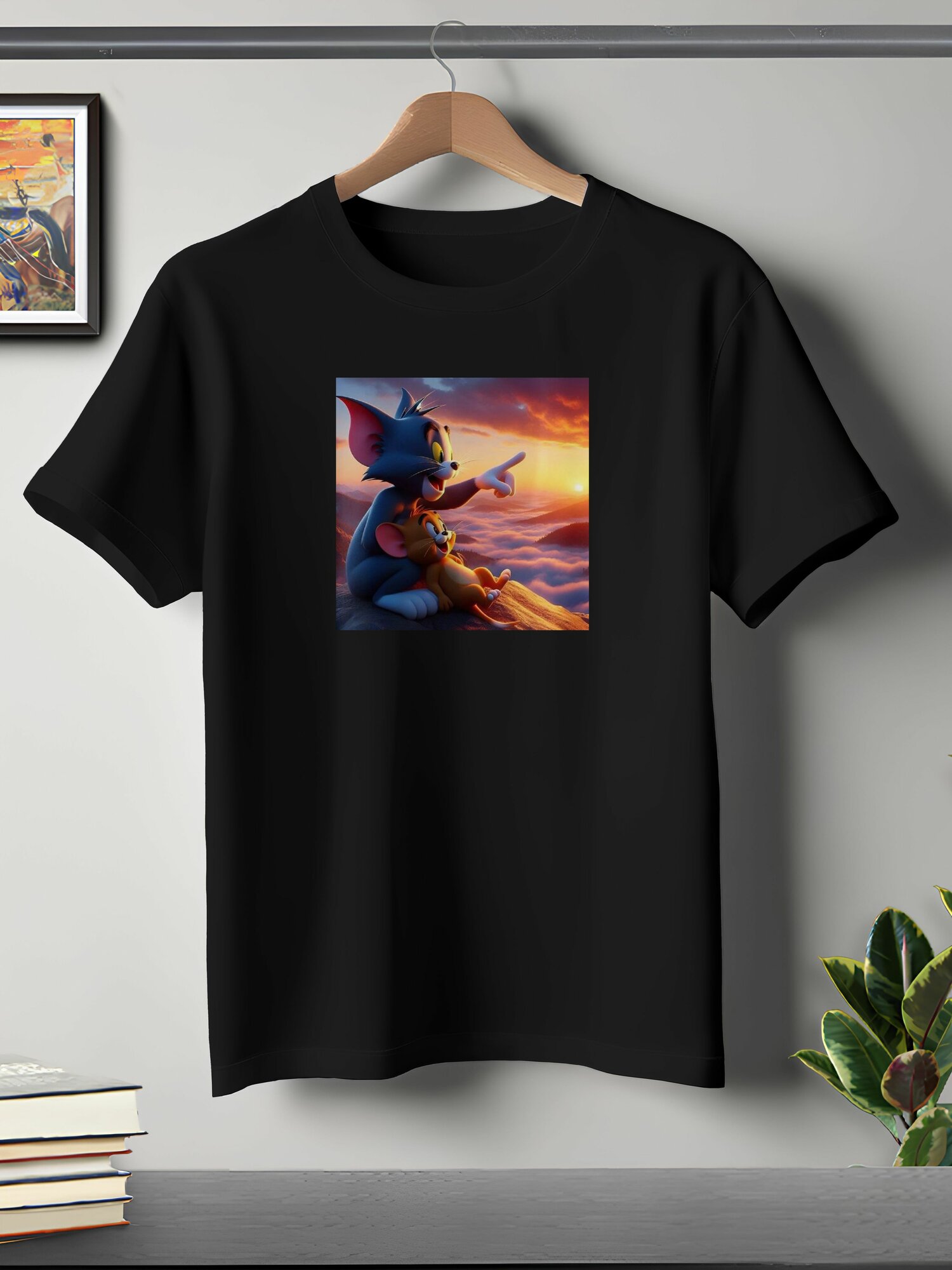 Футболка ONEQ унисекс 40-42 (XXS) размер с принтом Том и Джерри, черная