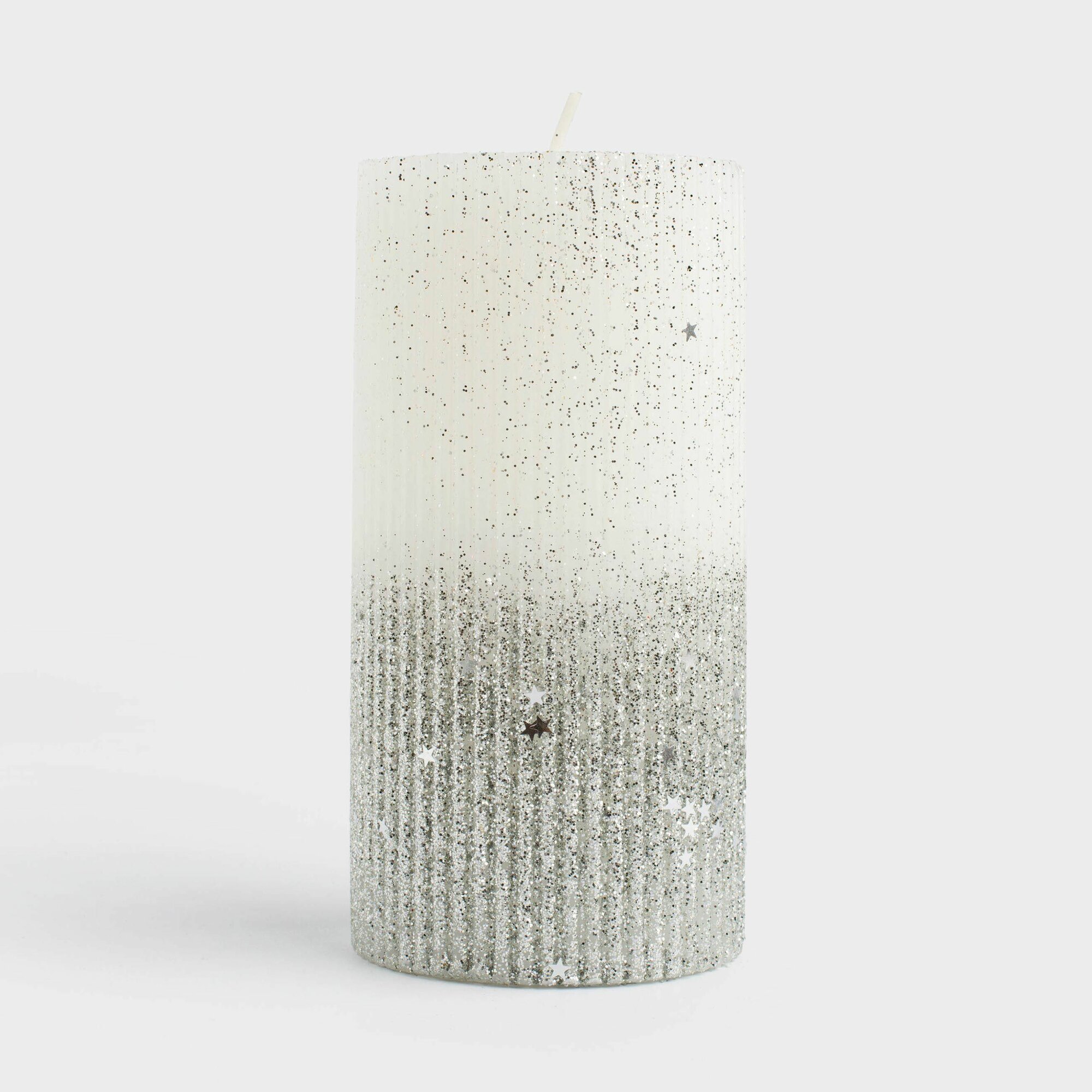 Свеча, 15 см, цилиндрическая, с блестками, бело-серебристая, Metallic glow