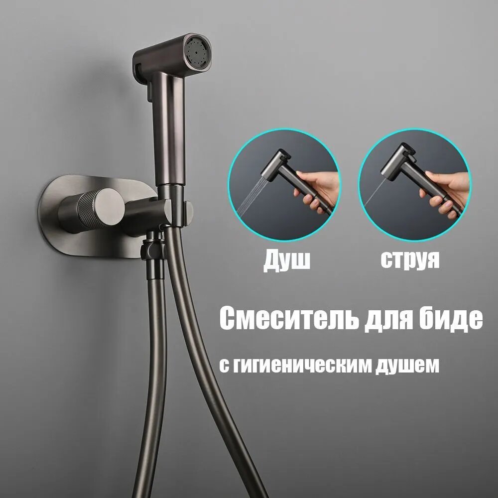 Встраиваемый смеситель для биде с гигиеническим душем, латунь, Два режима подачи воды: горячая и холодная Zhesheng-Z028Q серый
