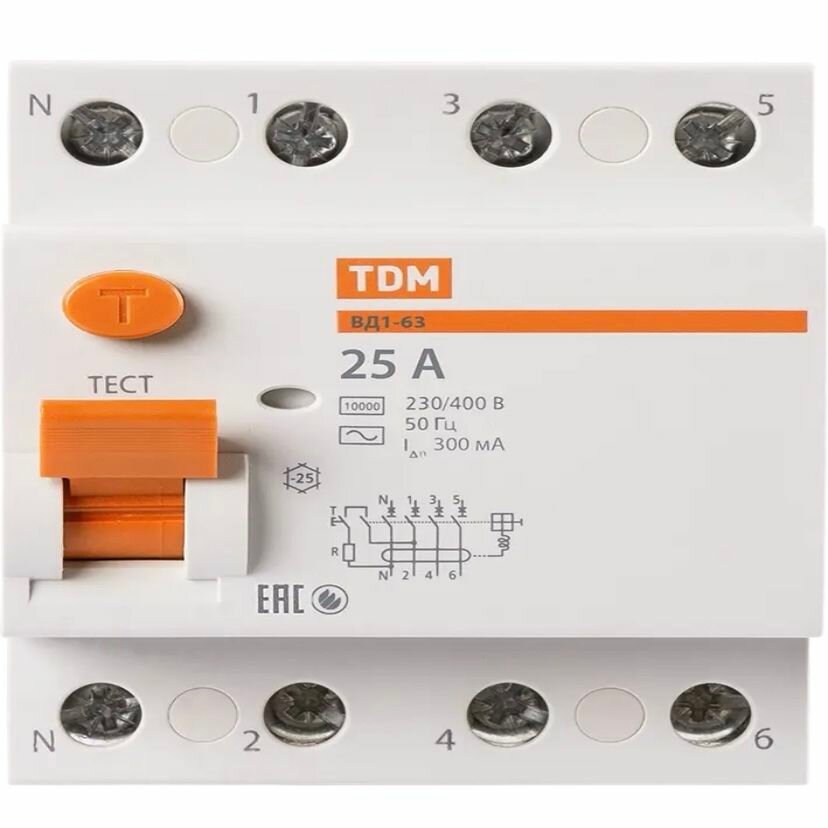 TDM Electric Автоматический выключатель ВД1-63 4P 25A 300mA 4.5kA AC SQ0203-0031