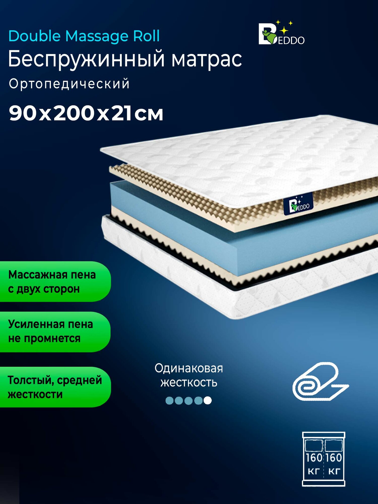 Матрас 90*200 беспружинный 21см Double Massage Roll BEDDO SLEEP