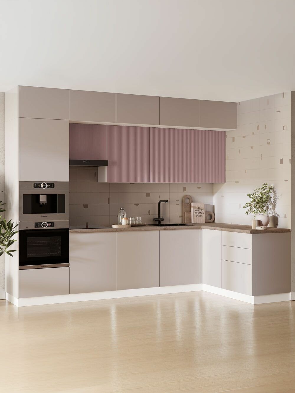 Кухонный гарнитур угловой Шарли 3х1.67 м, мебель для дома и кухни, Белый / Шарли Пинк / Кашемир / столешница Антарес