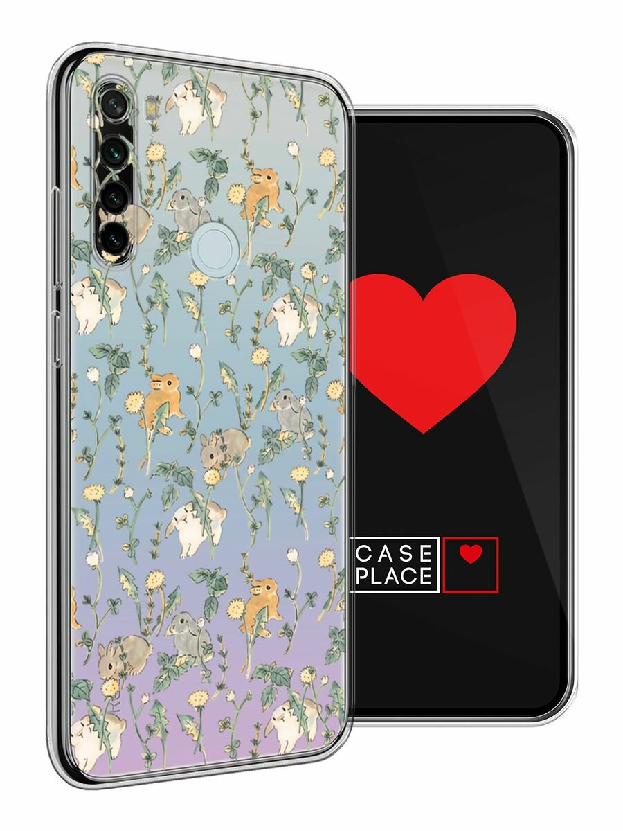 Чехол на Xiaomi Redmi Note 8T / Сяоми Редми Нот 8Т с принтом "Кролики в одуванчиках", прозрачный — фото 1