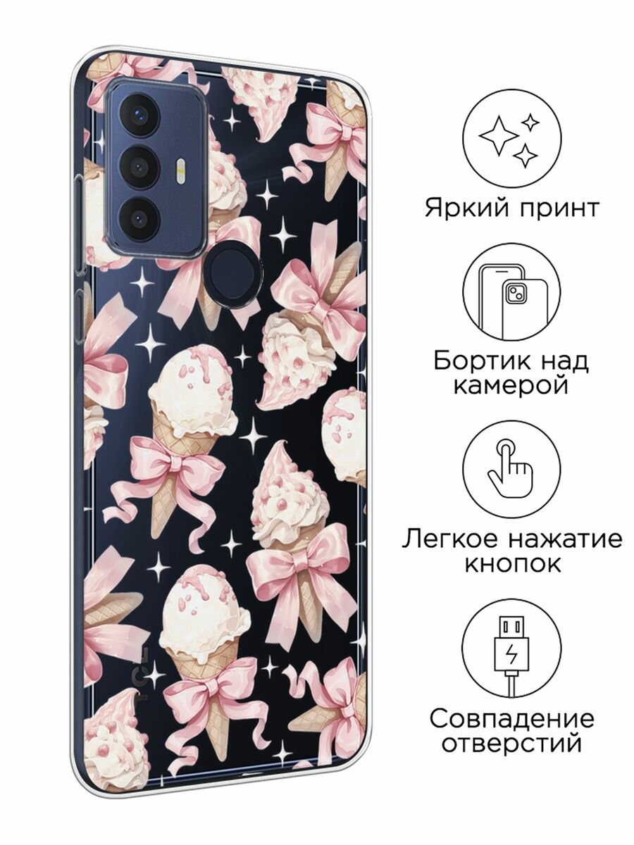 Чехол на TCL 30E/30 SE/305/306 / ТСЛ 30E с принтом "Мороженое с бантиками", прозрачный — фото 1