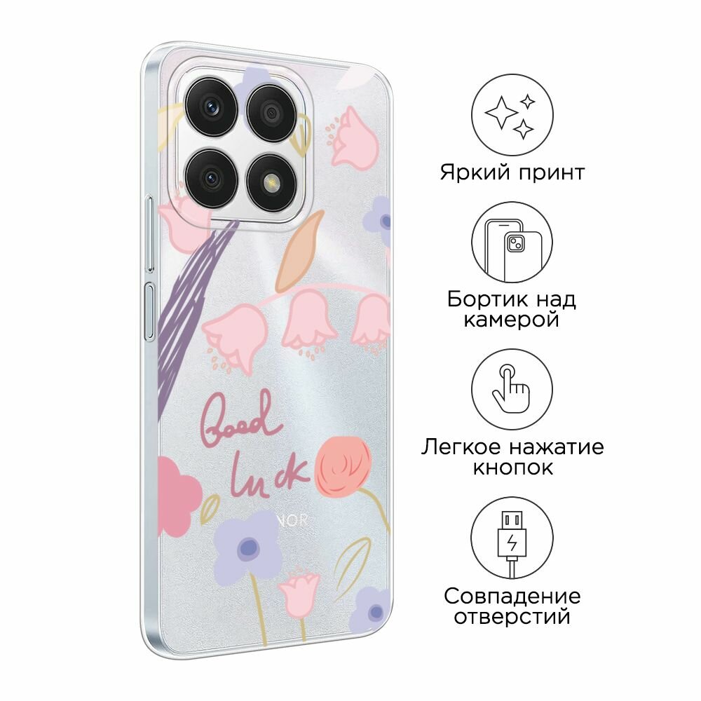 Чехол на Honor X8A / Хонор X8A с принтом "Lucky flowers", прозрачный — фото 1