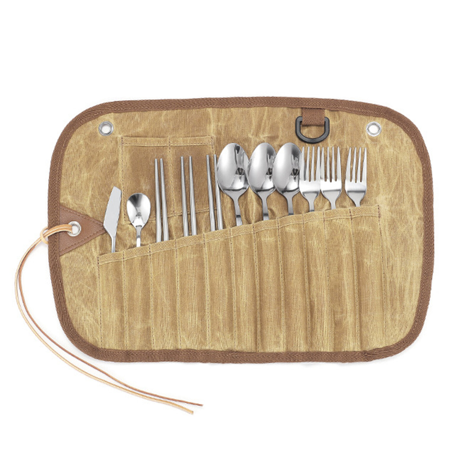 Ролл-сумка для столовых приборов из воскового холста, ножны для столовых приборов с 11-ю предметами: вилки, ложки, палочки, масляный нож, кофейная ложка для отдыха на открытом воздухе, походов, пикников, барбекю, материал сумки: восковый холст, материал