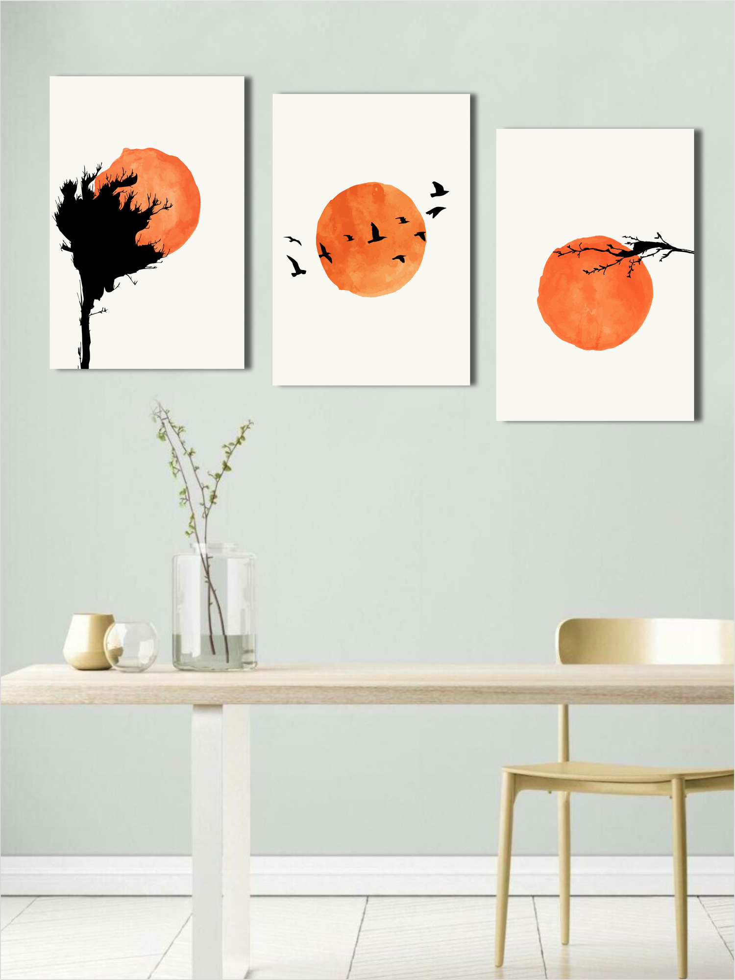 Модульная картина для интерьера на стену минимализм. Оранжевое солнце 40х60 см - 3 штуки на холсте на подрамнике