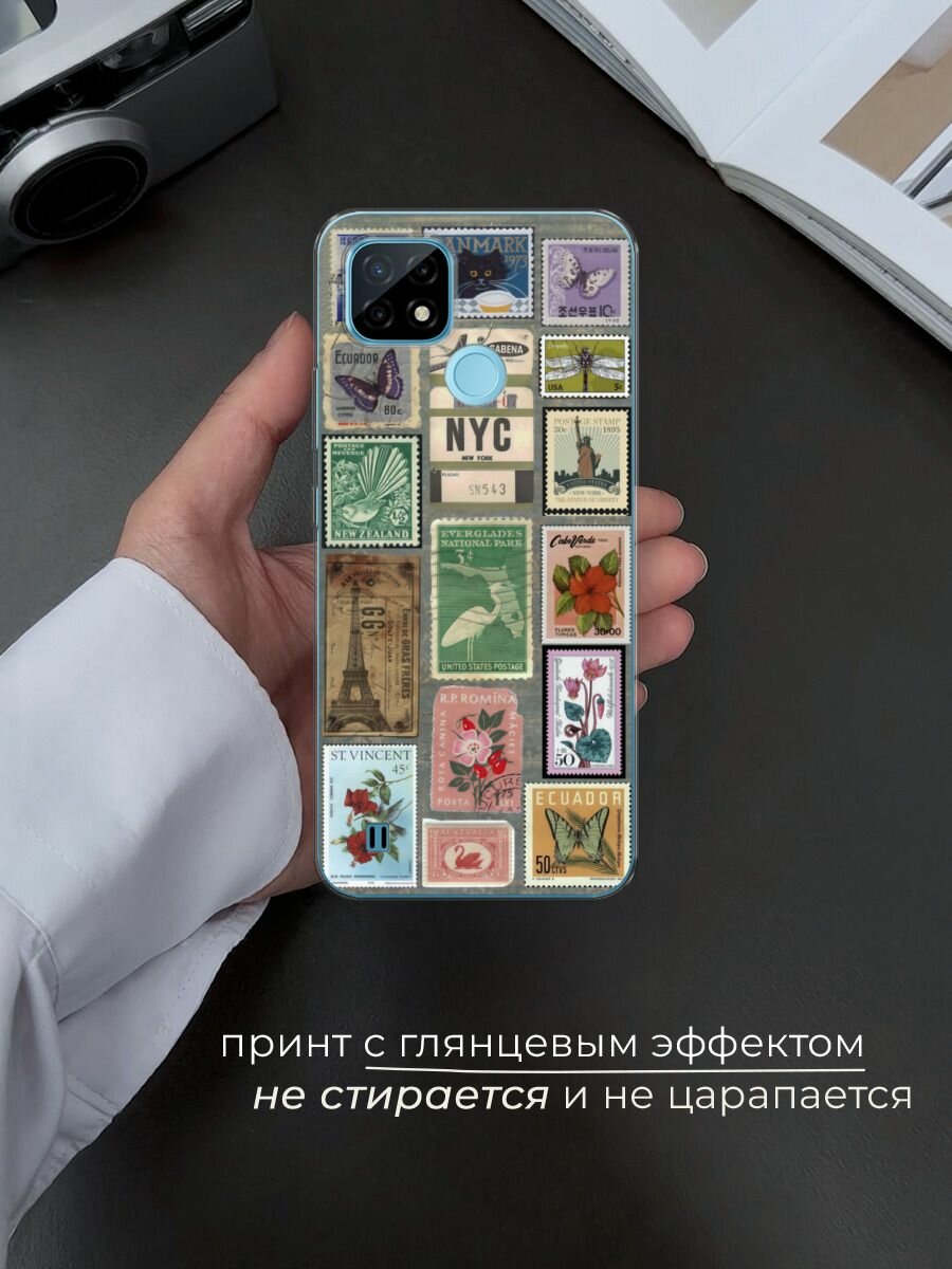 Силиконовый чехол на Realme C21 / Реалми С21 с принтом Коллаж из марок — фото 1
