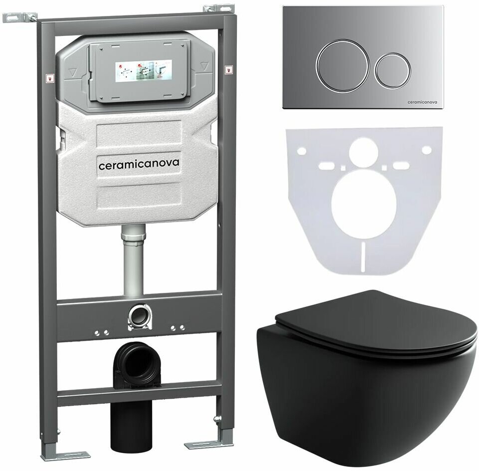 Комплект 4 в 1 Ceramicanova с инсталляцией Envision, безободковым унитазом Metropol, матовой клавишей Round