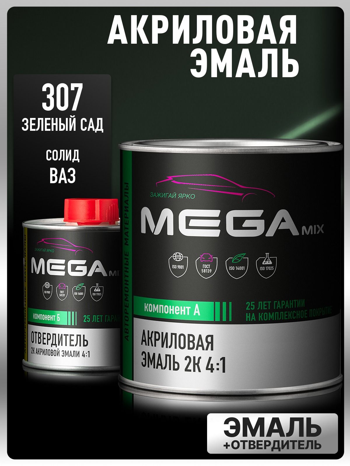 Акриловая краска автомобильная, Зеленый сад 307, 2К 4:1 Комплект (эмаль 840 мл + отвердитель 210 мл), MEGAMIX